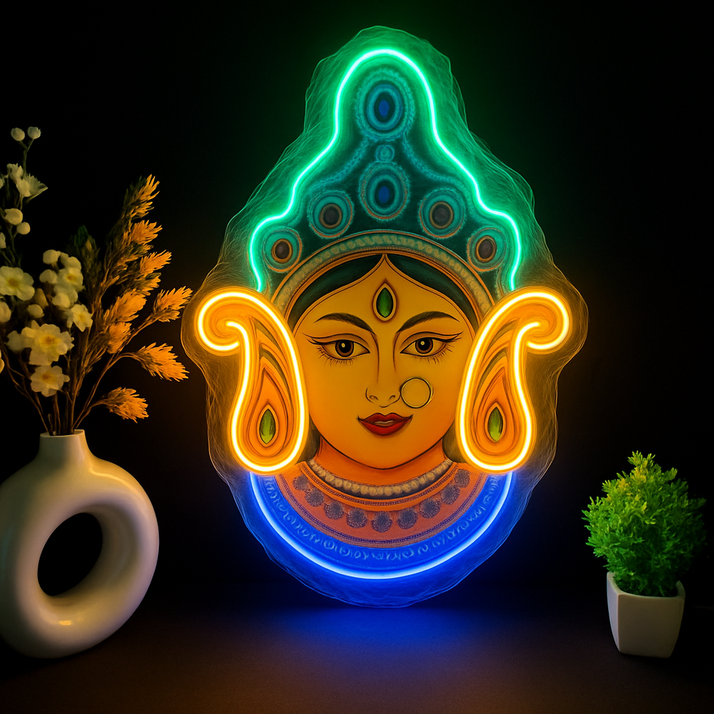 Durga Neon Wall Art with Diya – Festive LED Glow Panel – ECellStreet